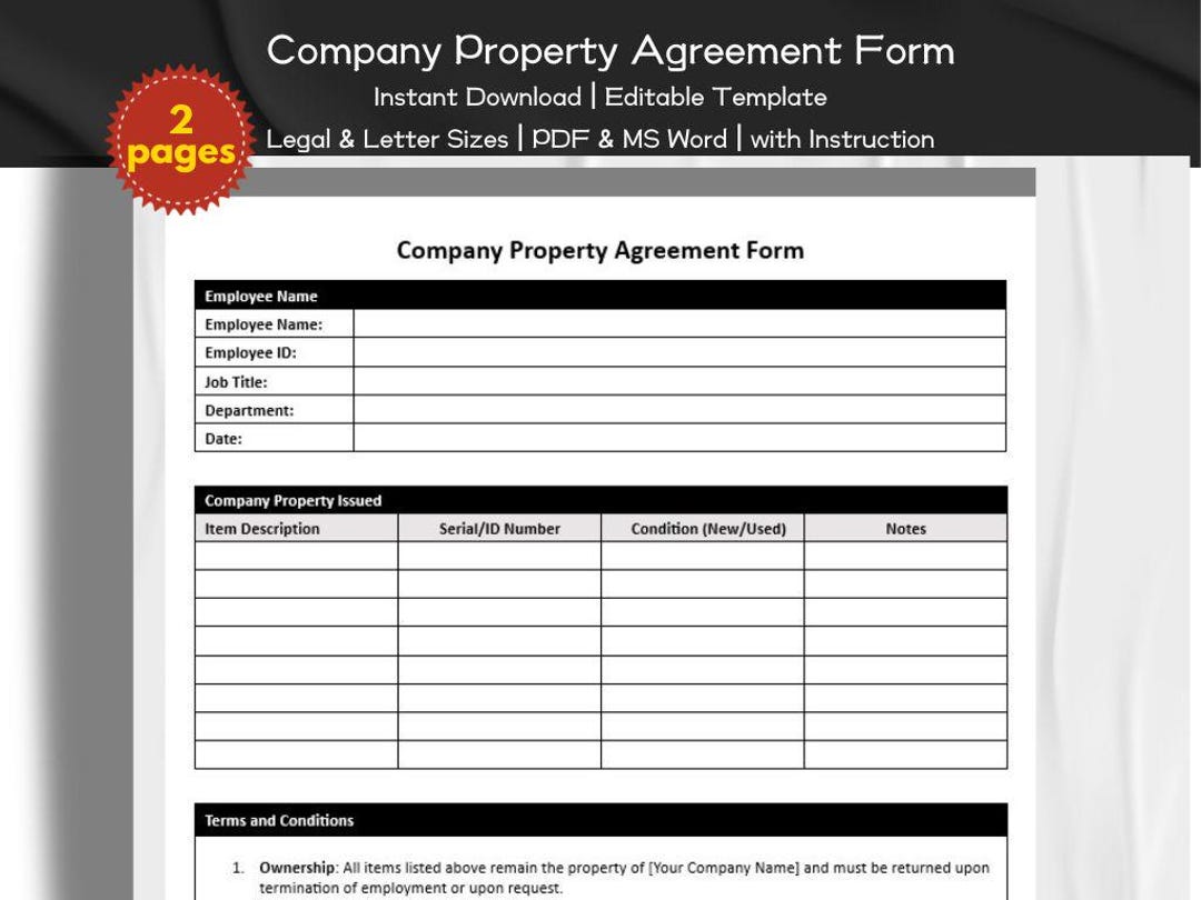 Company Property Agreement Form Editable and Printable Template ...