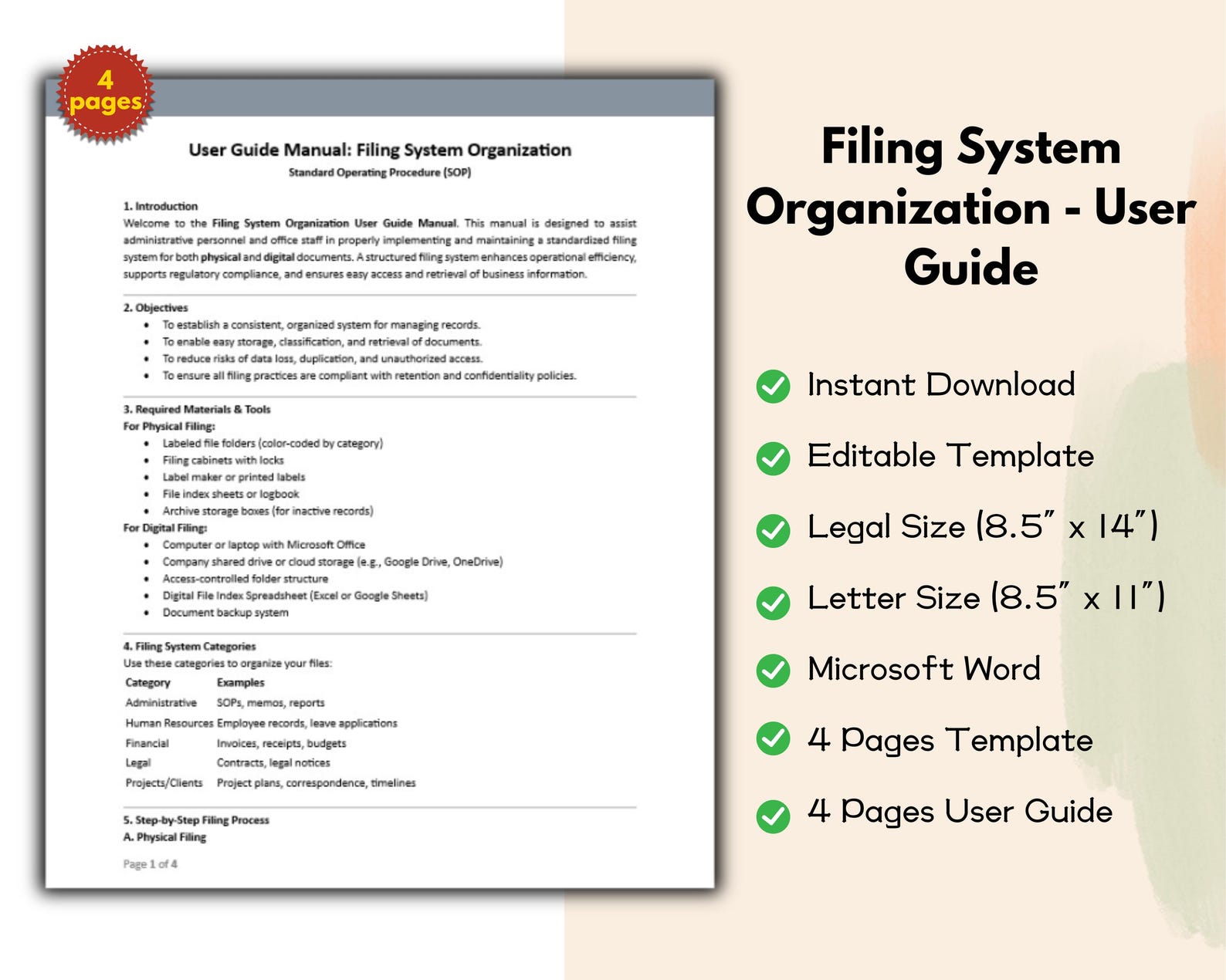 Filing System Organization Standard Operating Procedure SOP Editable ...
