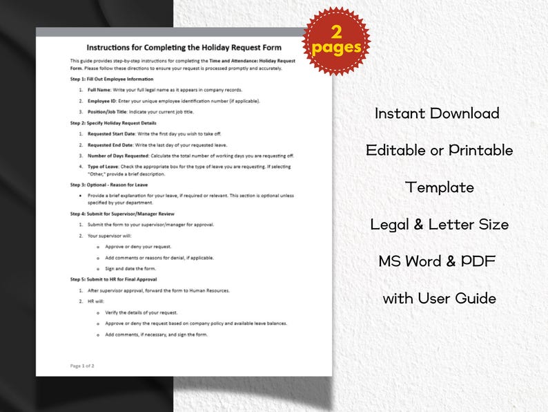 Holiday Request Form Editable and Printable Template | Employee ...