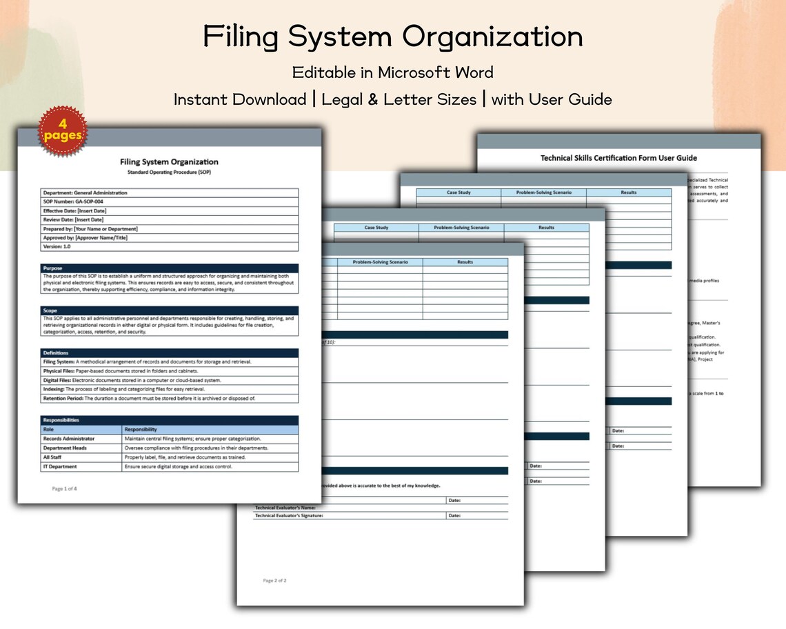 Filing System Organization Standard Operating Procedure SOP Editable ...