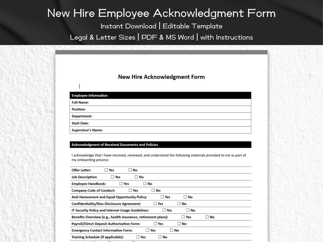 New Hire Employee Acknowledgment Form Editable and Printable Template ...