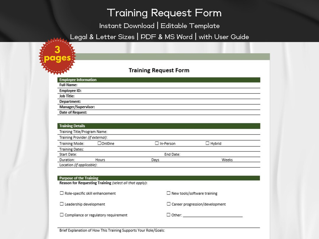 Training Request Form Editable and Printable | Employee Management ...