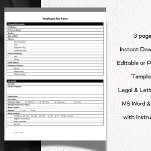 Employee Bio Form Editable and Printable Template | Recruitment, Human ...