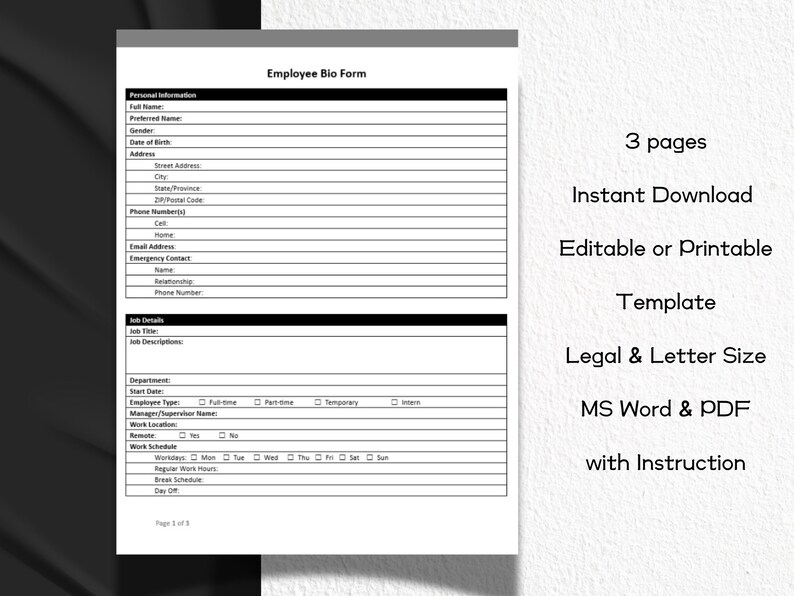 Employee Bio Form Editable and Printable Template | Recruitment, Human ...