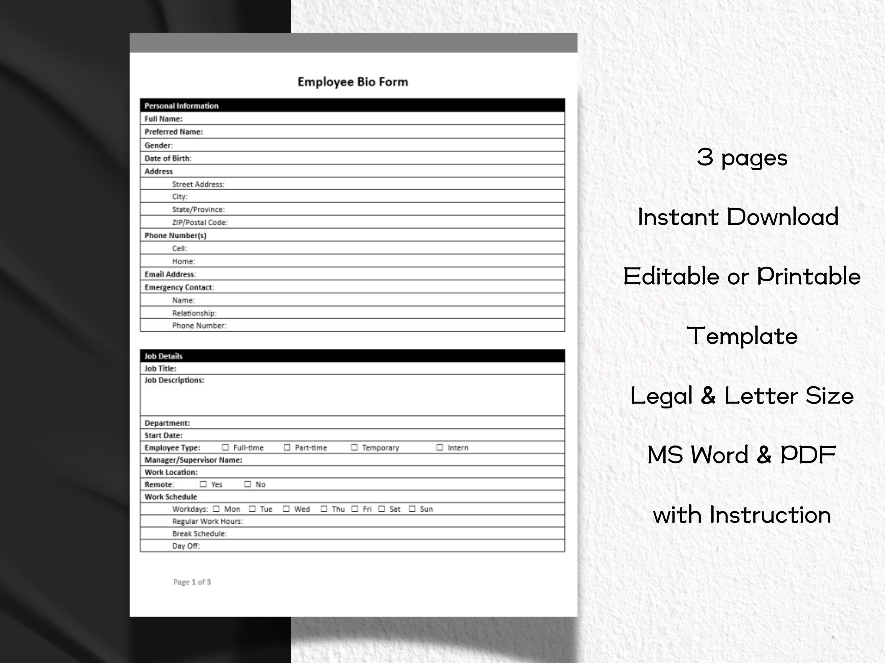Employee Bio Form Editable and Printable Template | Recruitment, Human ...