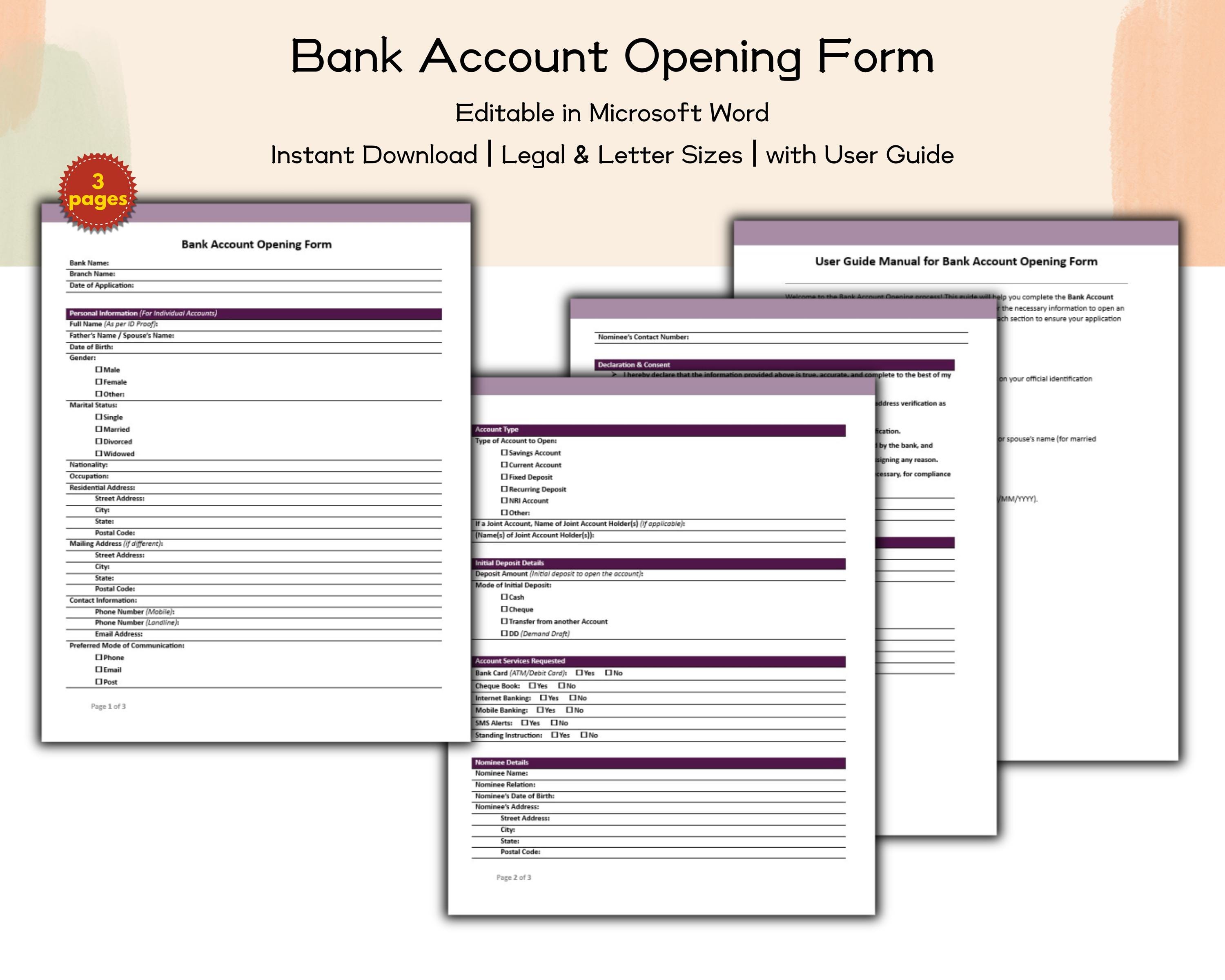 Bank Account Opening Form – Editable and Printable Template for ...