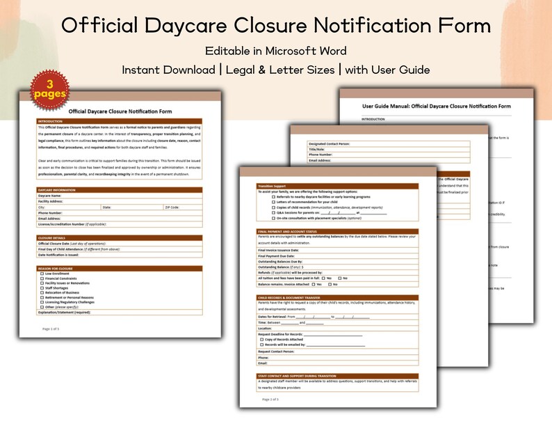 Daycare Official Daycare Closure Notification Form Editable and ...
