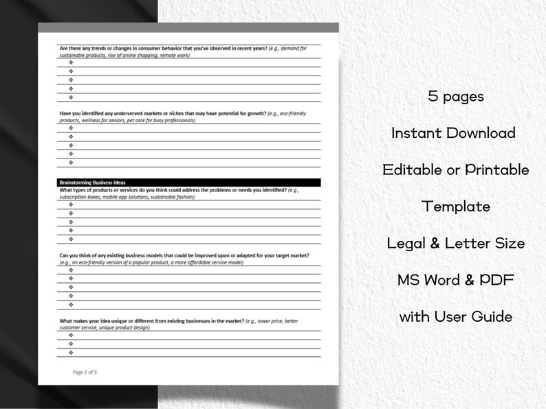 Business Niche Identification and Brainstorming Form Editable and ...