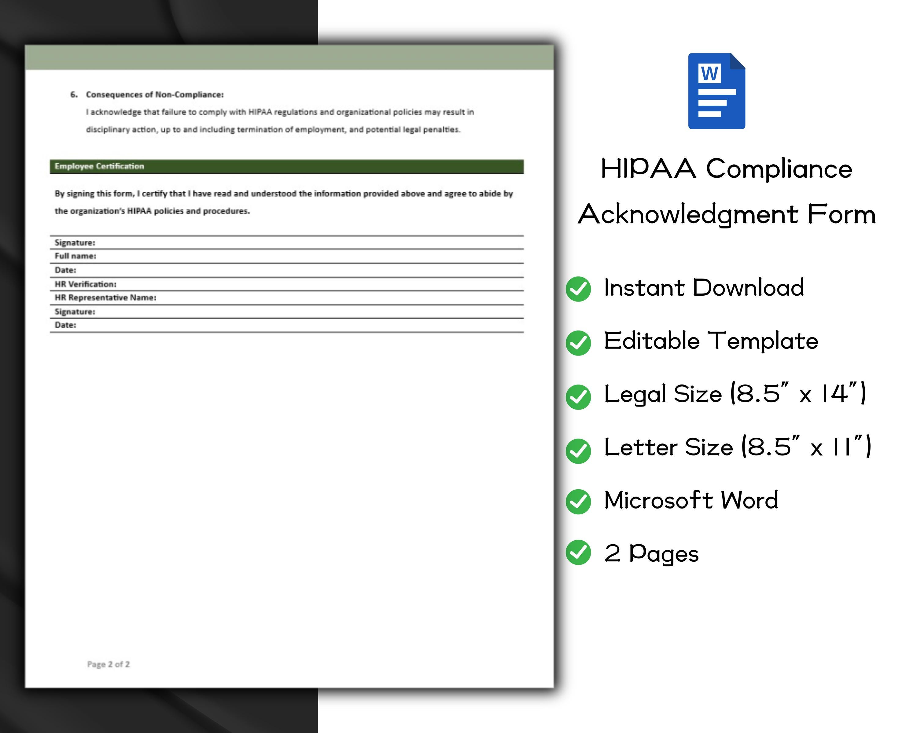 HIPAA Compliance Acknowledgment Form Editable and Printable Template ...