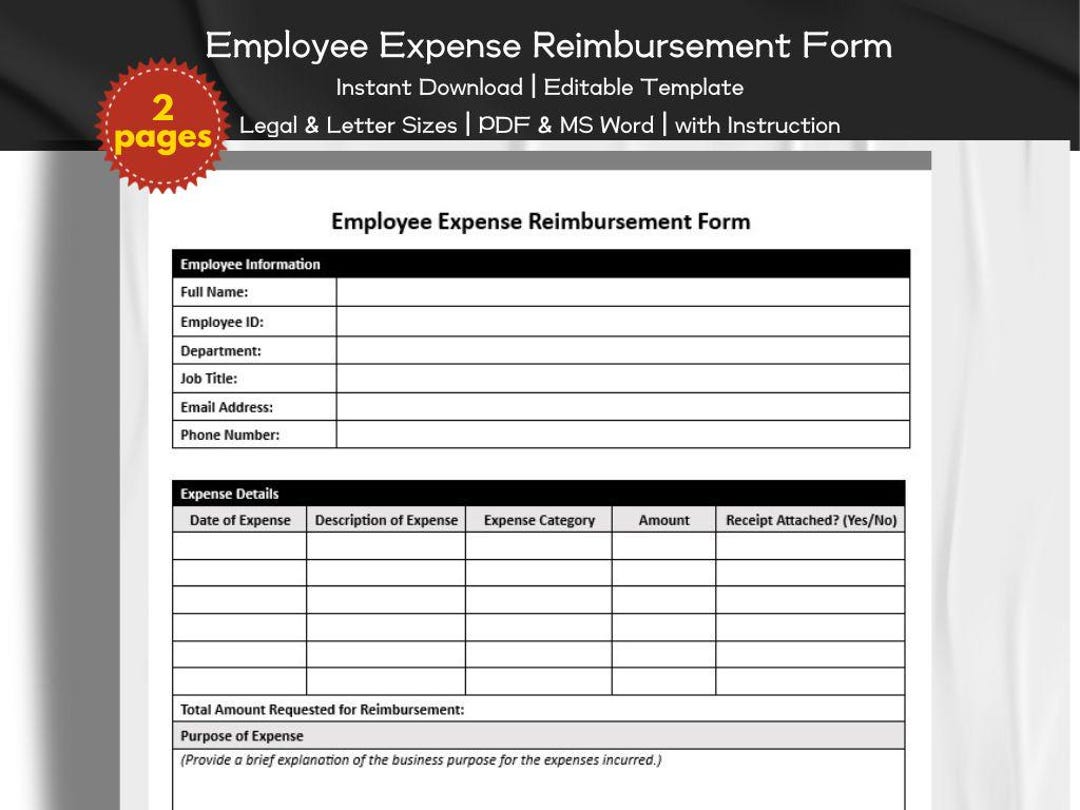 Employee Expense Reimbursement Form Editable and Printable Template ...