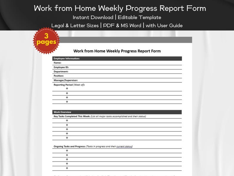 Work From Home Weekly Progress Report Form Editable and Printable Template | Work From Home ...