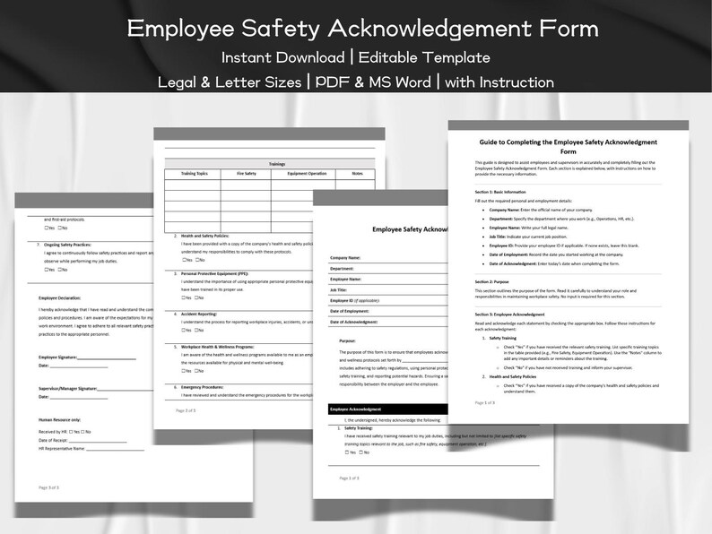 Employee Safety Acknowledgment Form Editable and Printable Template | HR Professionals Form ...