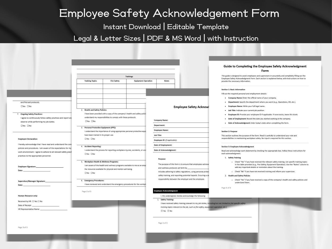 Employee Safety Acknowledgment Form Editable and Printable Template ...