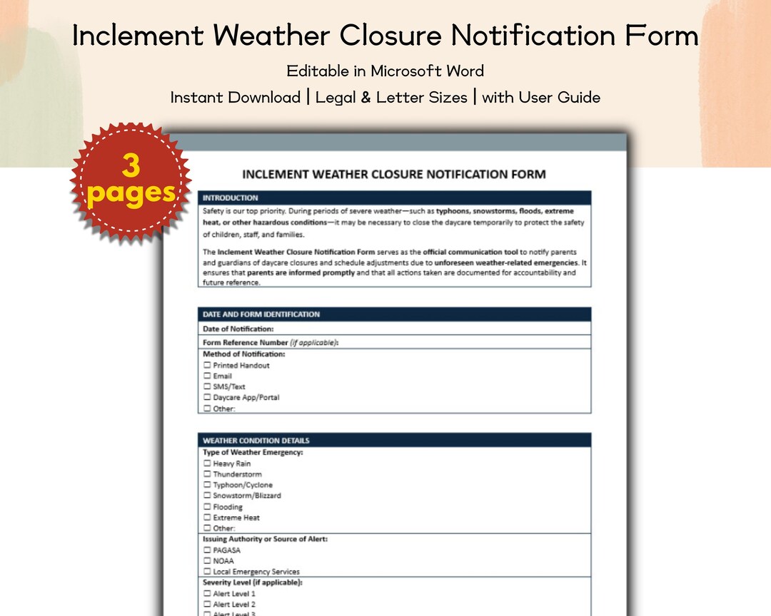 Daycare Inclement Weather Closure Notification Form Editable and ...