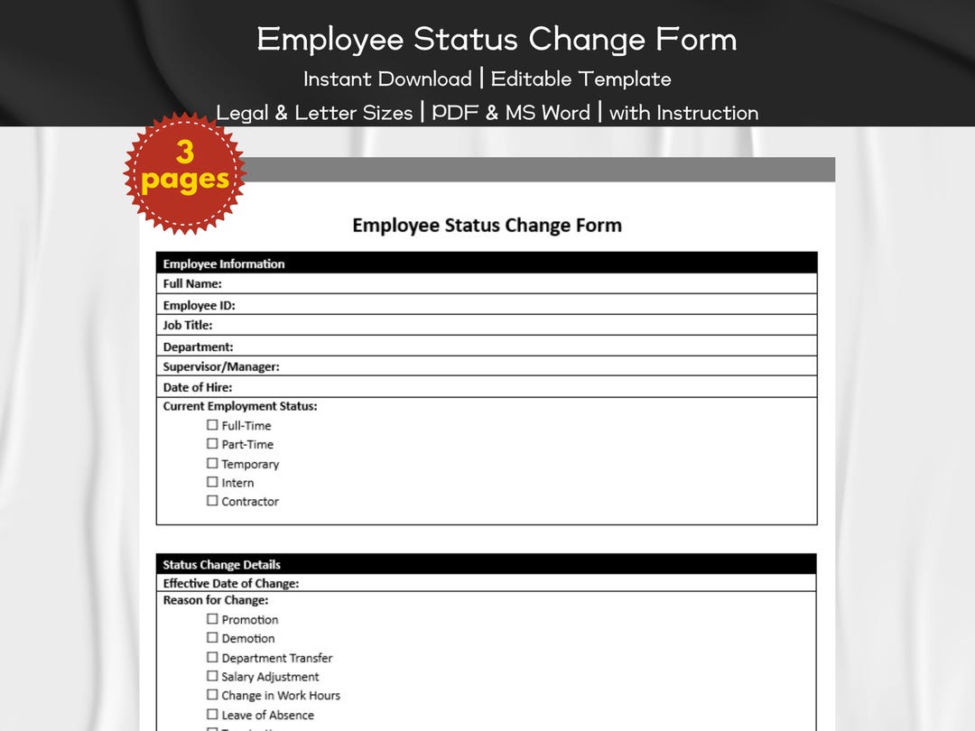Employee Status Change Form Editable and Printable Template | Human ...