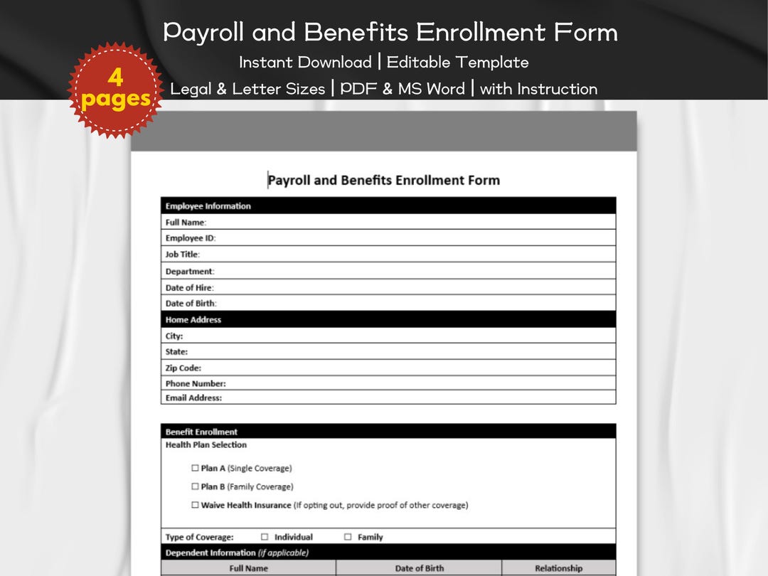 Payroll and Benefits Enrollment Form Editable and Printable Template ...