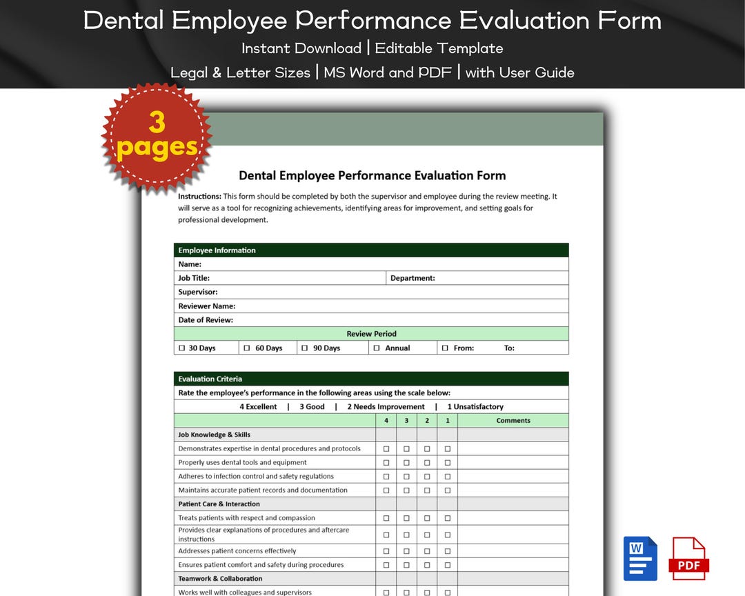 Dental Employee Performance Evaluation Form Editable and Printable ...