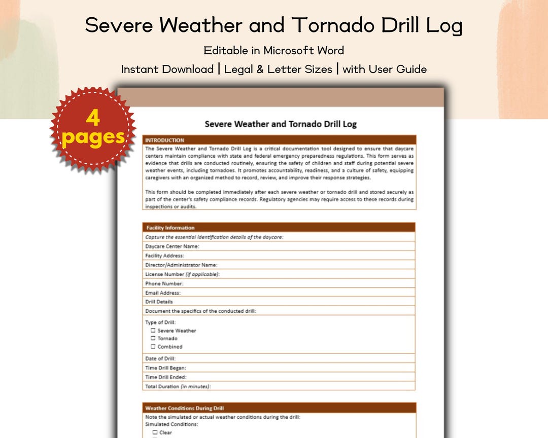 Daycare Severe Weather and Tornado Drill Log Editable and Printable ...
