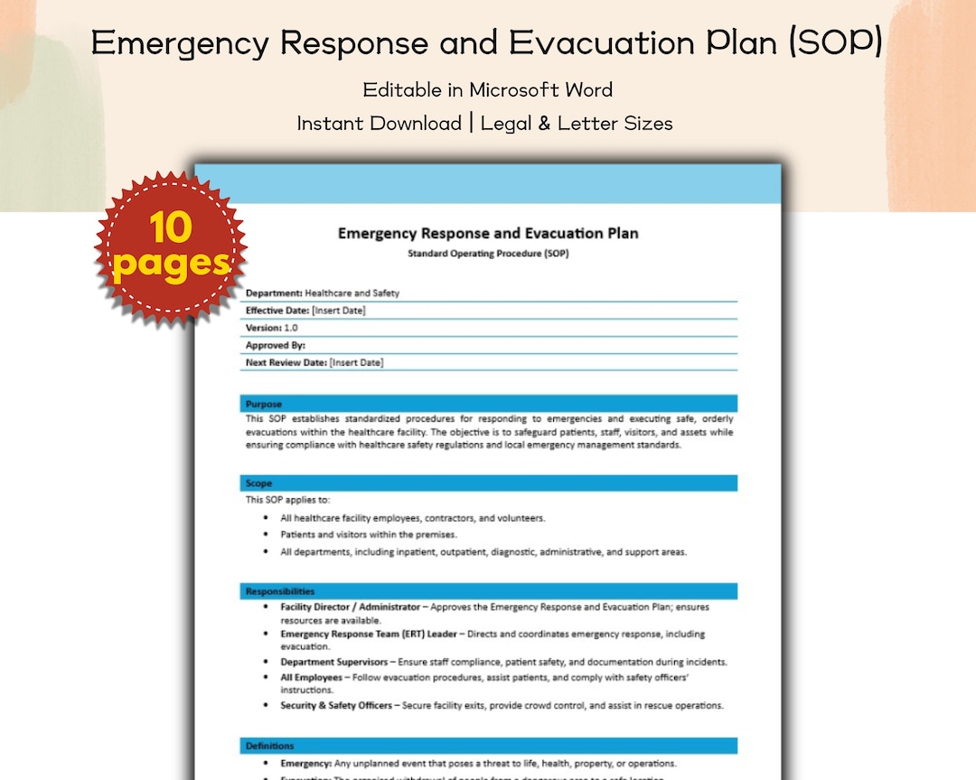 Emergency Response and Evacuation Plan SOP Editable and Printable ...