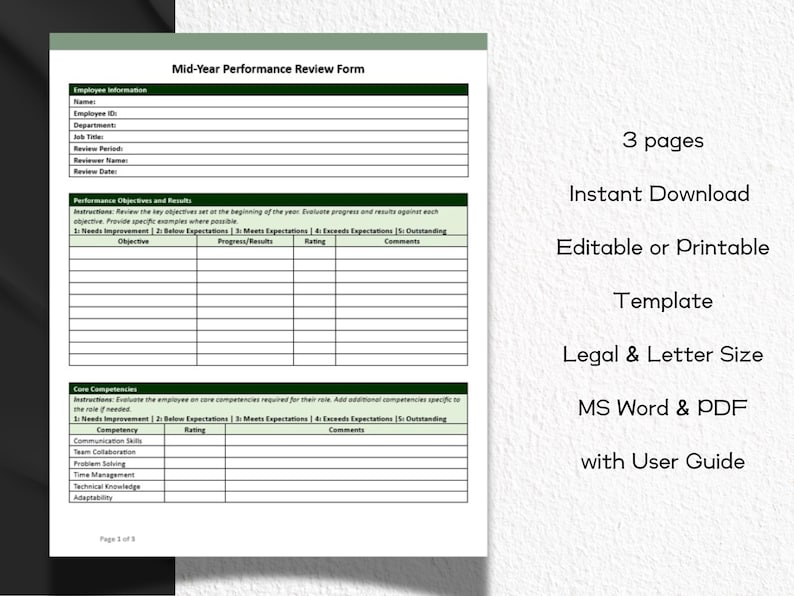 Mid-year Performance Review Form Editable and Printable | Employee ...