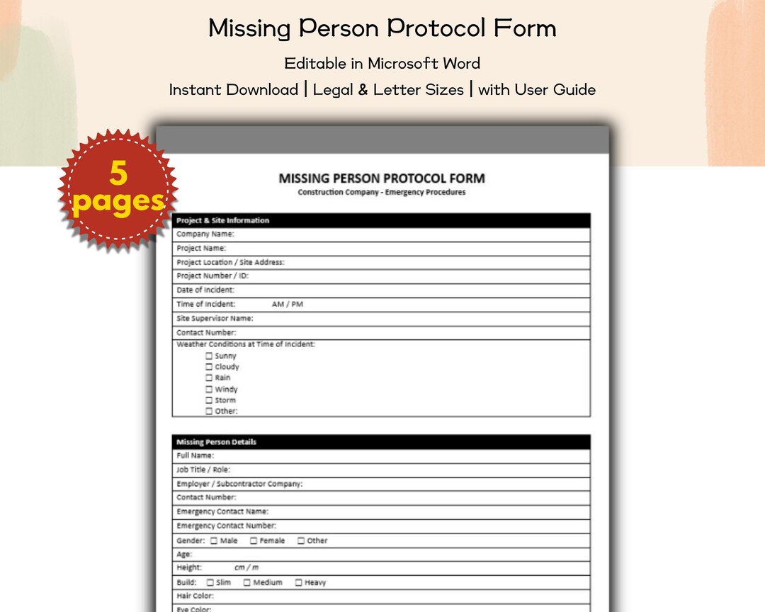 Construction Company Missing Person Protocol Form Editable and ...