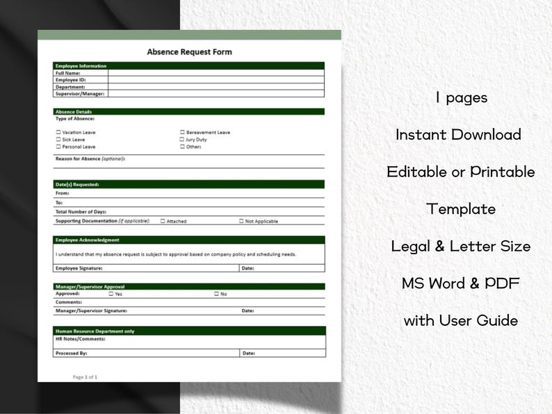 Absence Request Form Editable and Printable Template | Employee ...