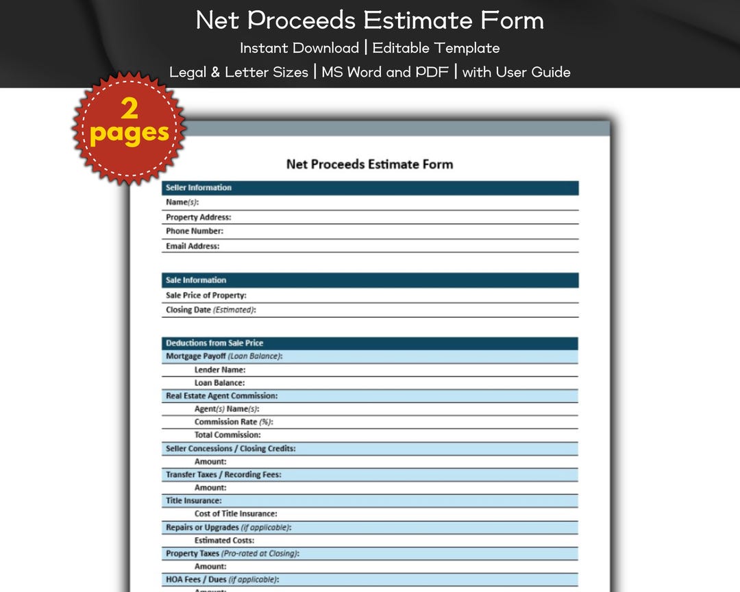 Net Proceeds Estimate Form Editable and Printable Template for Real ...