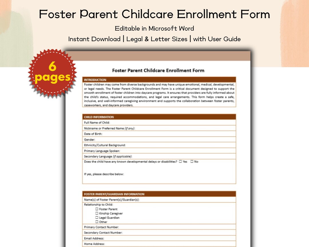 Daycare Foster Parent Childcare Enrollment Form Editable and Printable ...