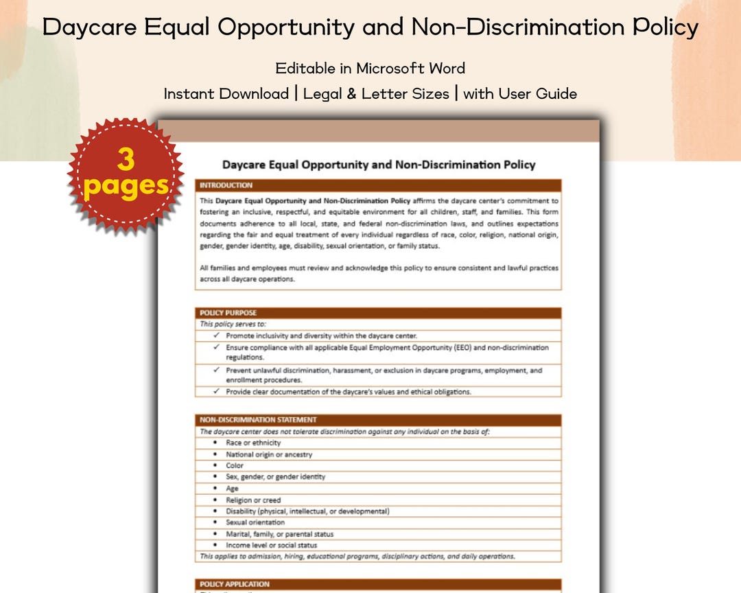Daycare Equal Opportunity and Non-discrimination Policy Editable and ...