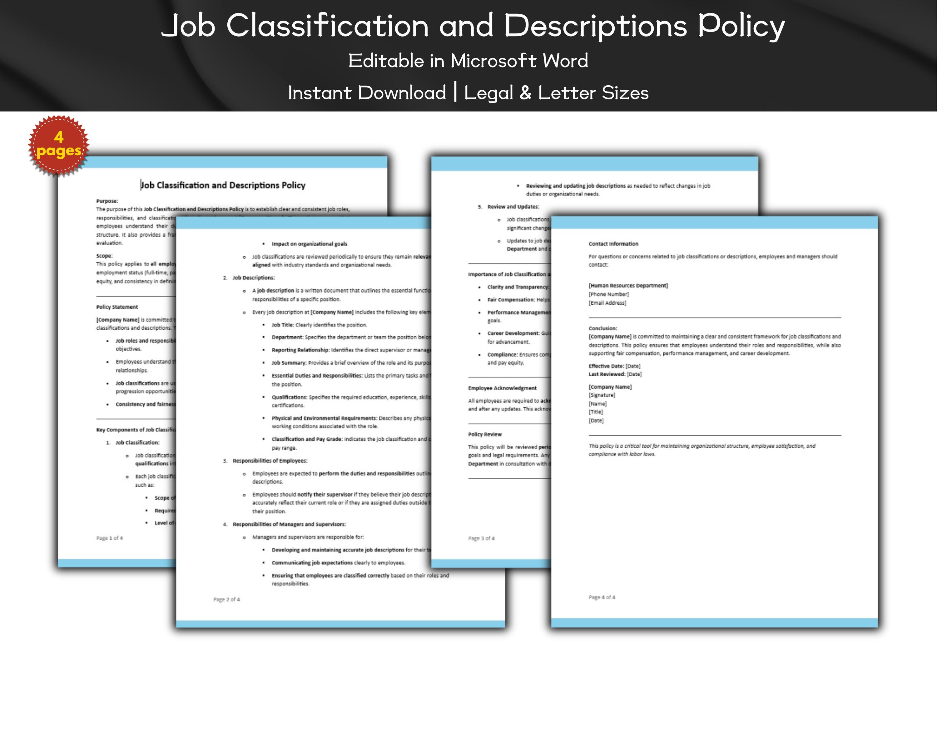 Job Classification and Descriptions Policy Editable Template | Human ...