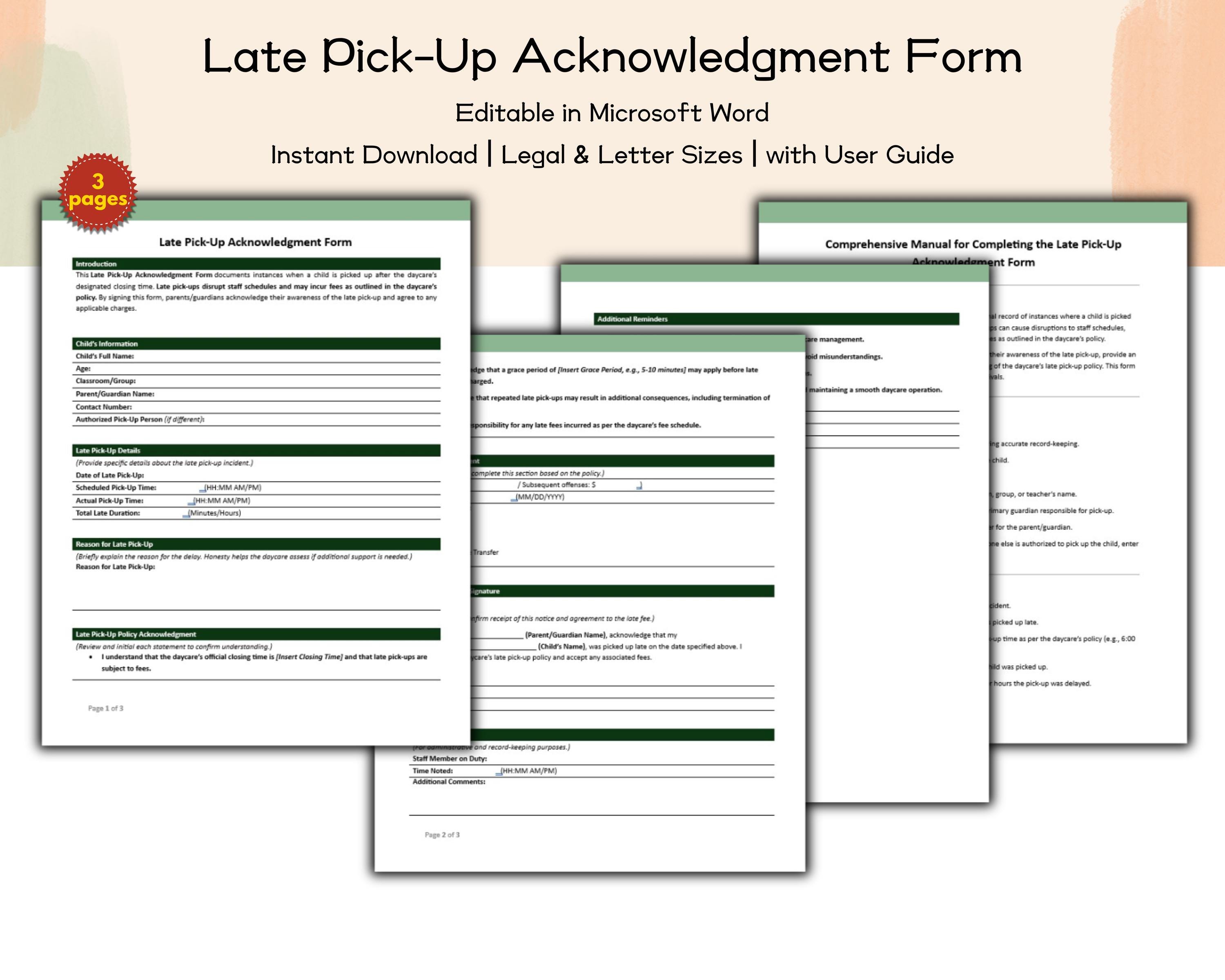 Daycare Late Pick-up Acknowledgment Form Editable and Printable ...