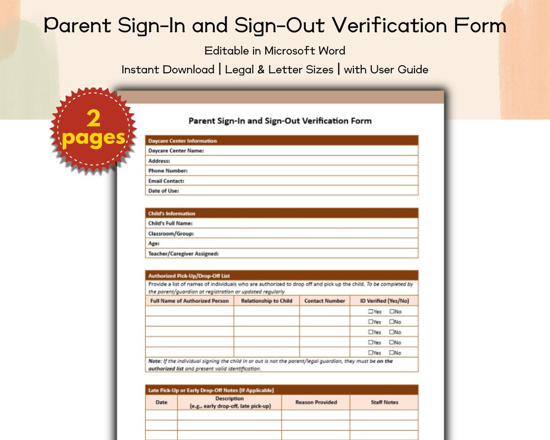 Daycare Parent Sign-in and Sign-out Verification Form Editable and ...