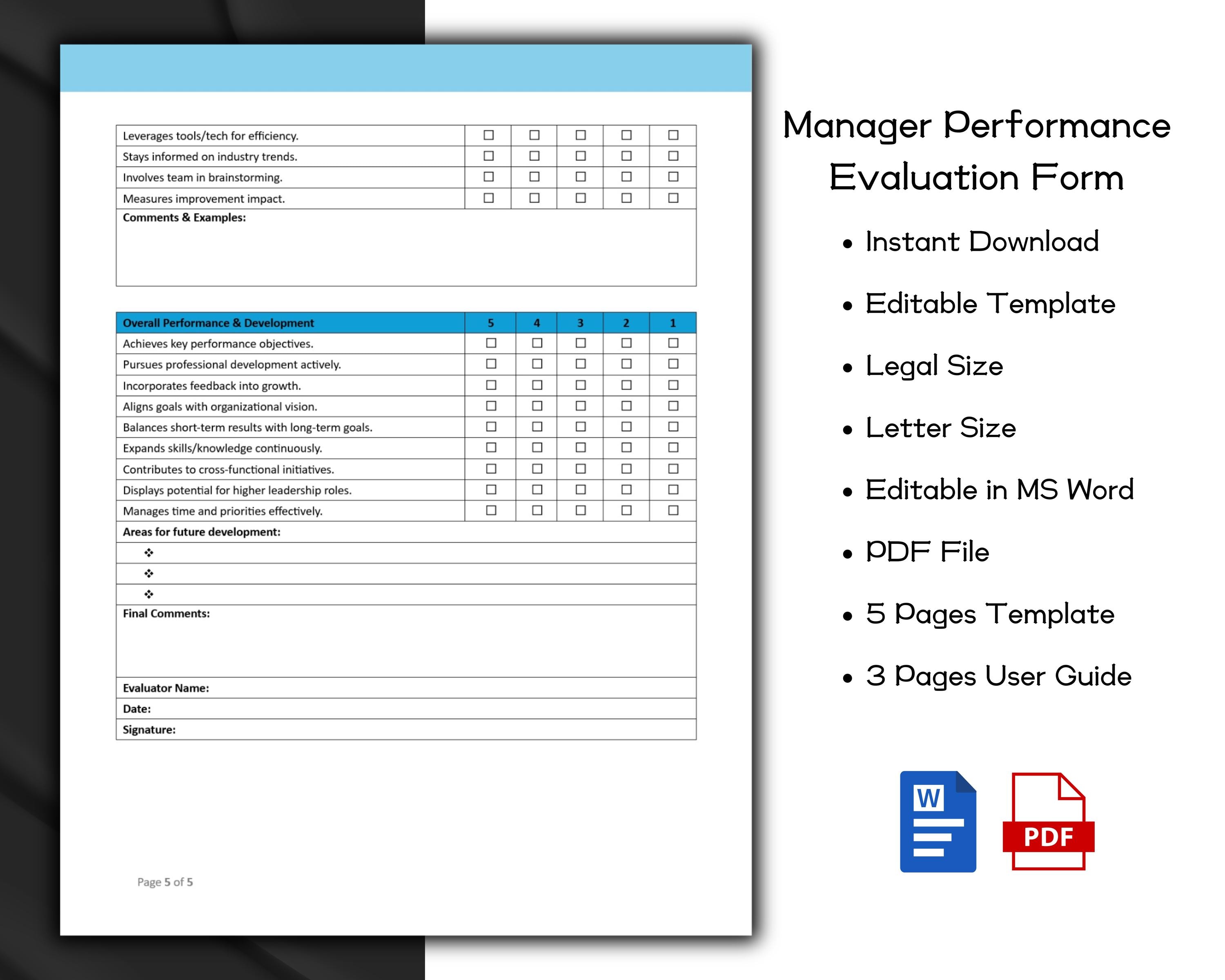 Manager Performance Evaluation Form Editable and Printable Template ...