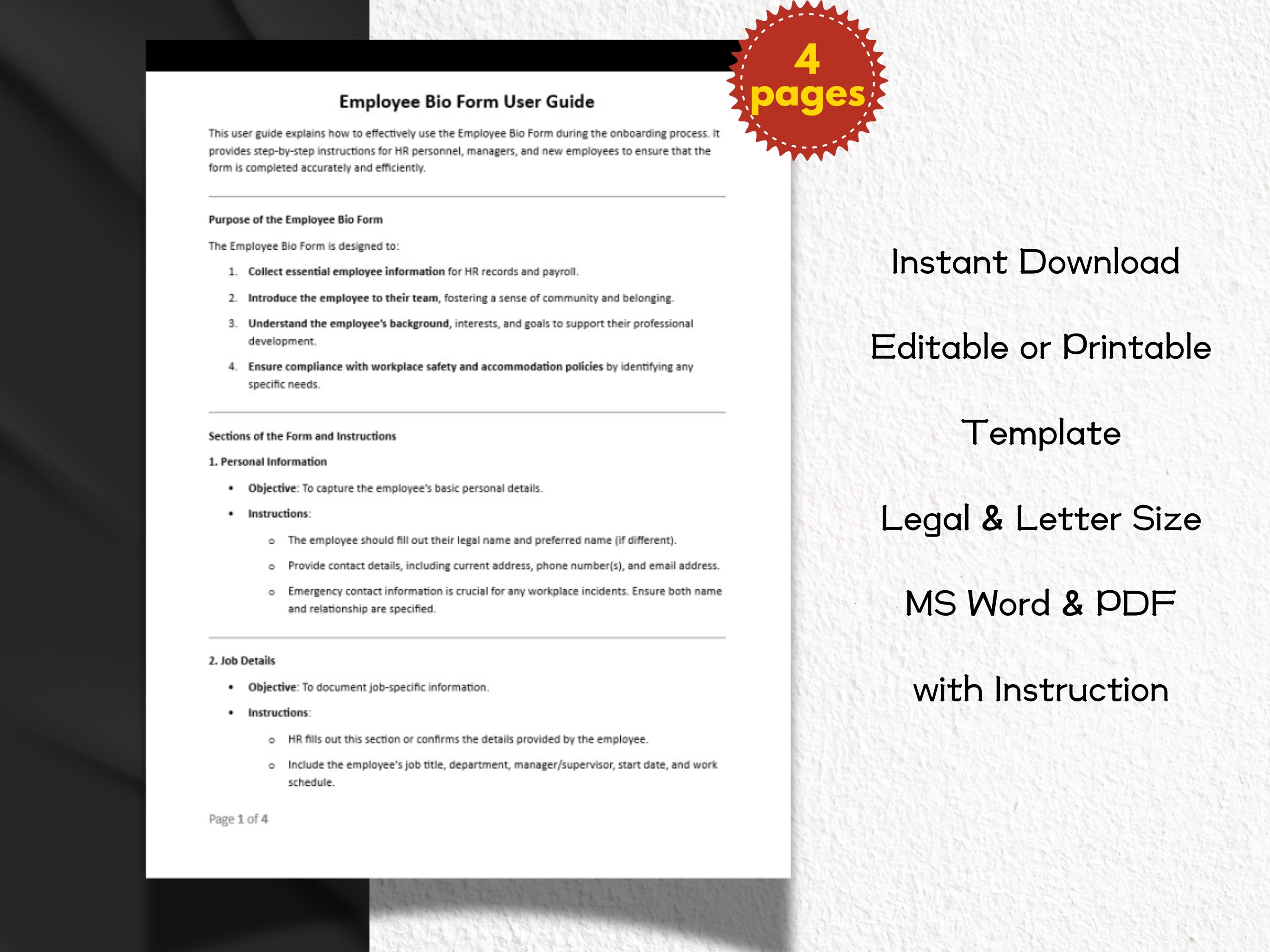 Employee Bio Form Editable and Printable Template | Recruitment, Human ...