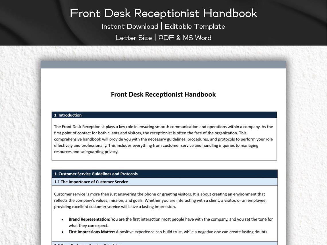 Front Desk Receptionist Handbook Editable Template | Professional ...