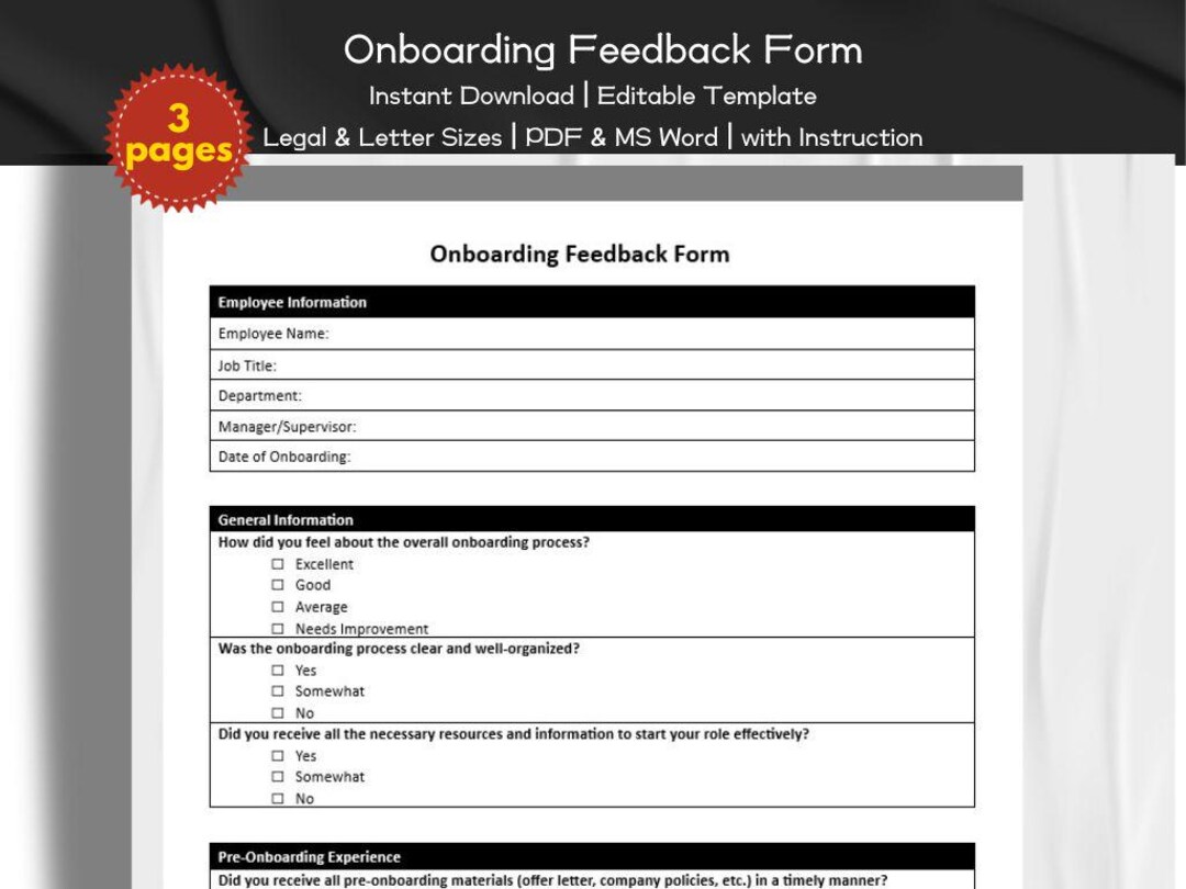 Onboarding Feedback Form Editable and Printable Template | Recruitment ...