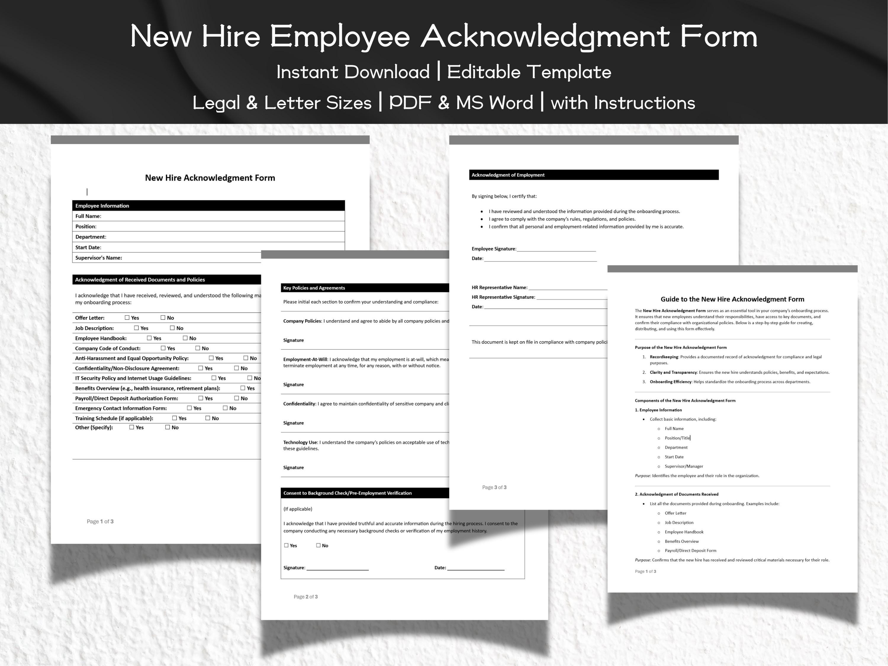 New Hire Employee Acknowledgment Form Editable and Printable Template ...