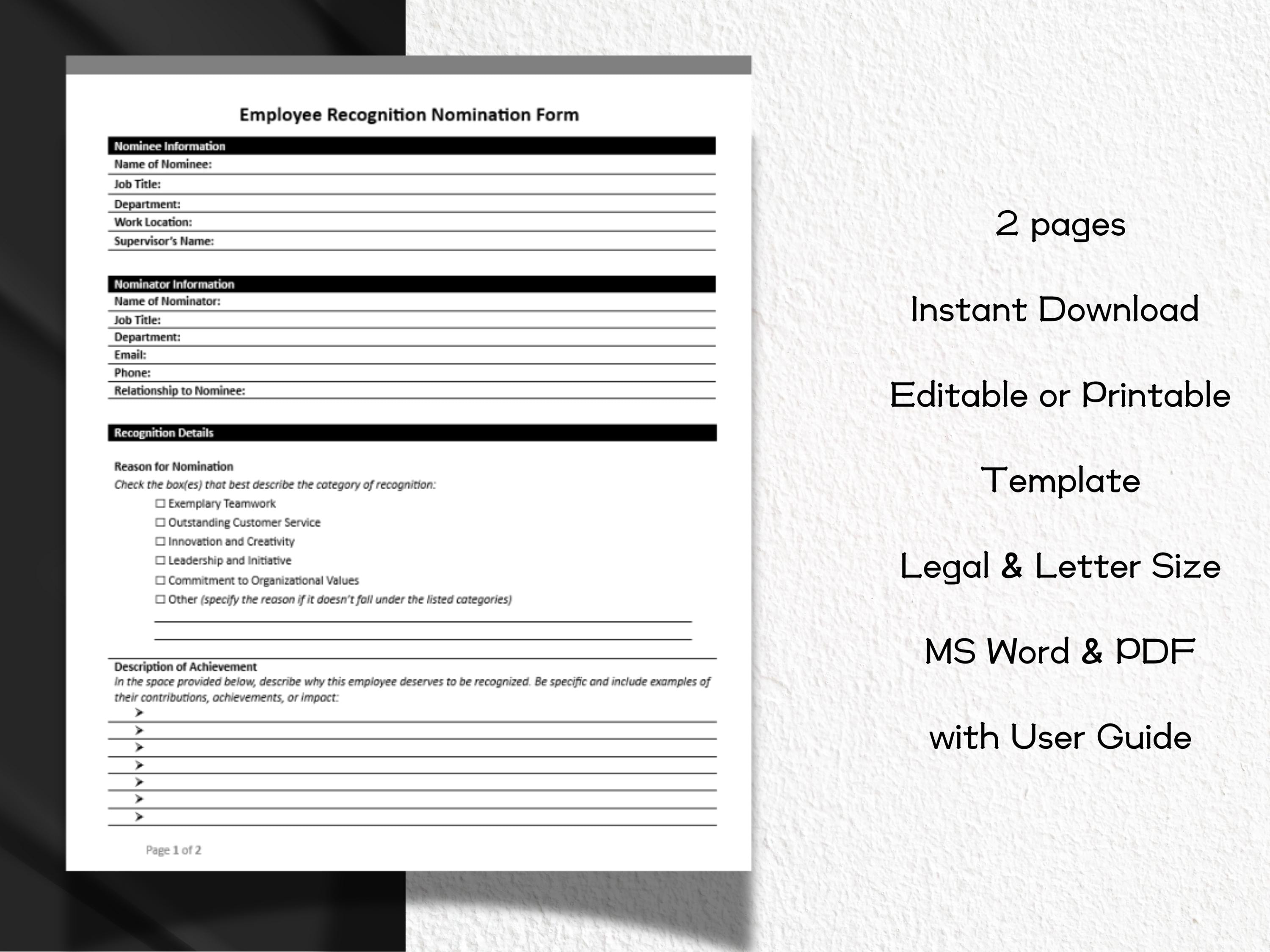 Employee Recognition Nomination Form Editable and Printable Template ...
