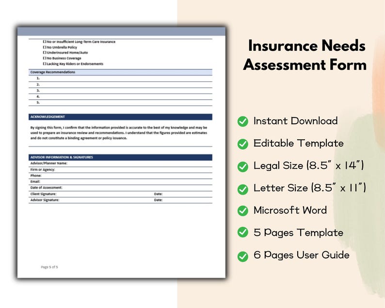 Insurance Needs Assessment Form Editable and Printable Financial ...