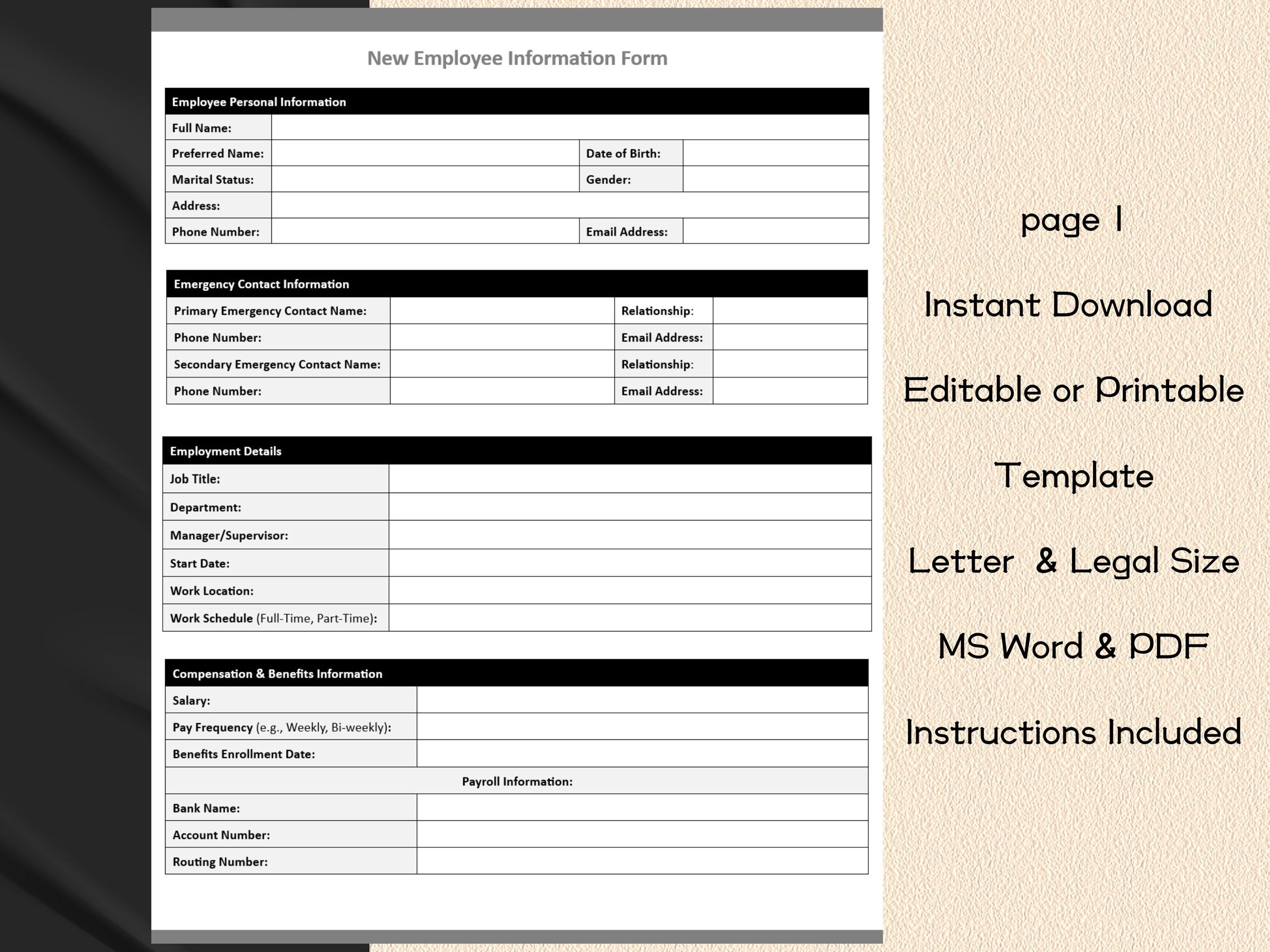 New Employee Information Form Editable Template | Employee Details Form ...