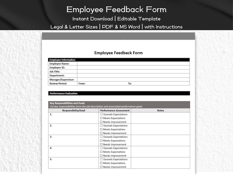 Employee Feedback Form Editable and Printable Template | HR Templates ...