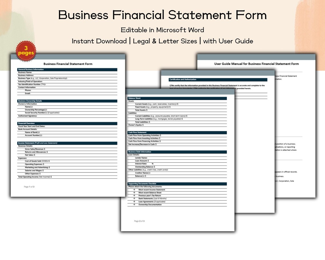 Business Financial Statement Form – Editable and Printable Template for ...