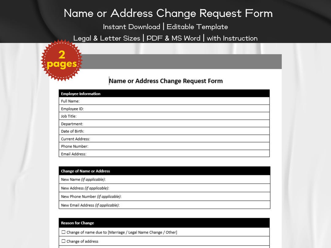 Name or Address Change Request Form Editable and Printable Template ...