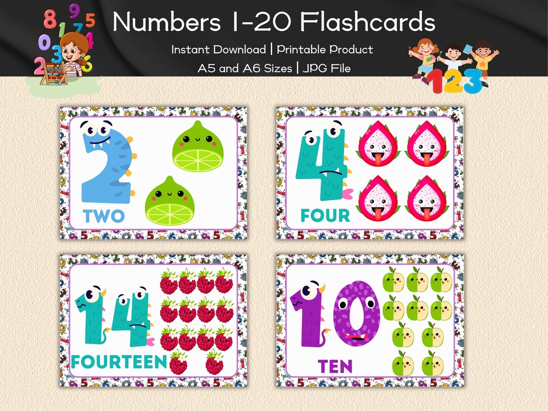 1-20 Numbers Flash Cards Printable, Preschool Counting Flash Cards, Fun ...