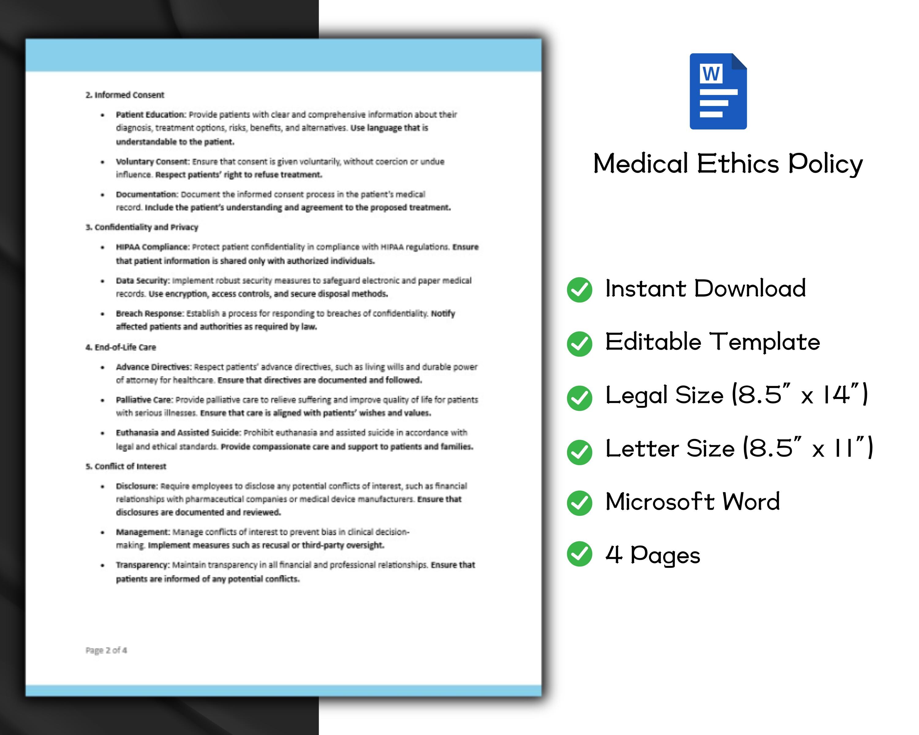 Medical Ethics Policy Editable Template | Healthcare and Medical Policy ...