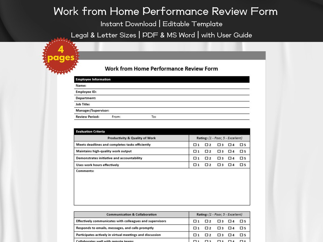 Work From Home Performance Review Form Editable and Printable Template ...