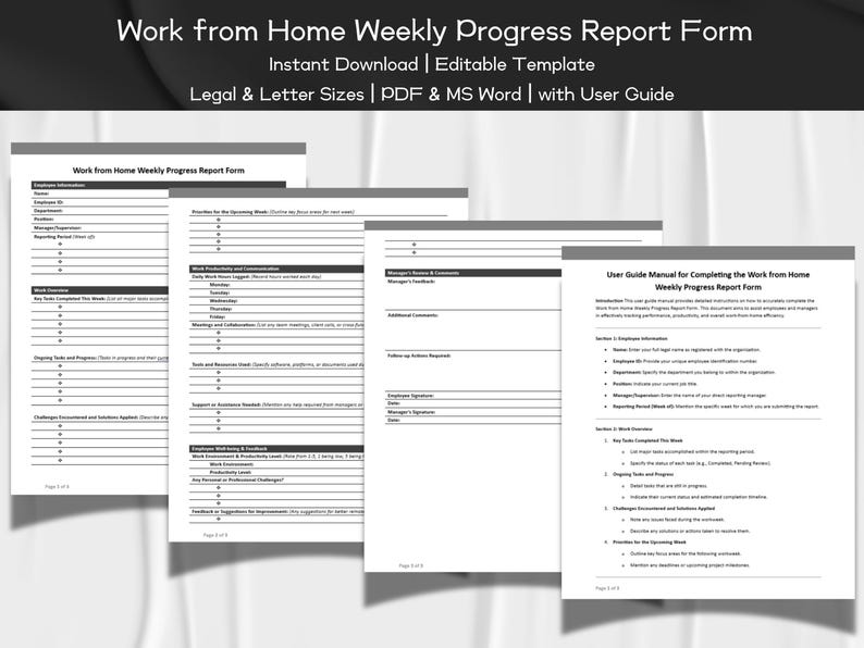 Work From Home Weekly Progress Report Form Editable and Printable Template | Work From Home ...