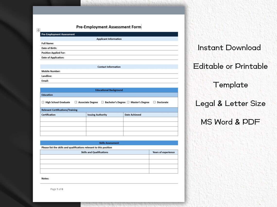 Pre-employment Assessment Form Editable and Printable Template ...