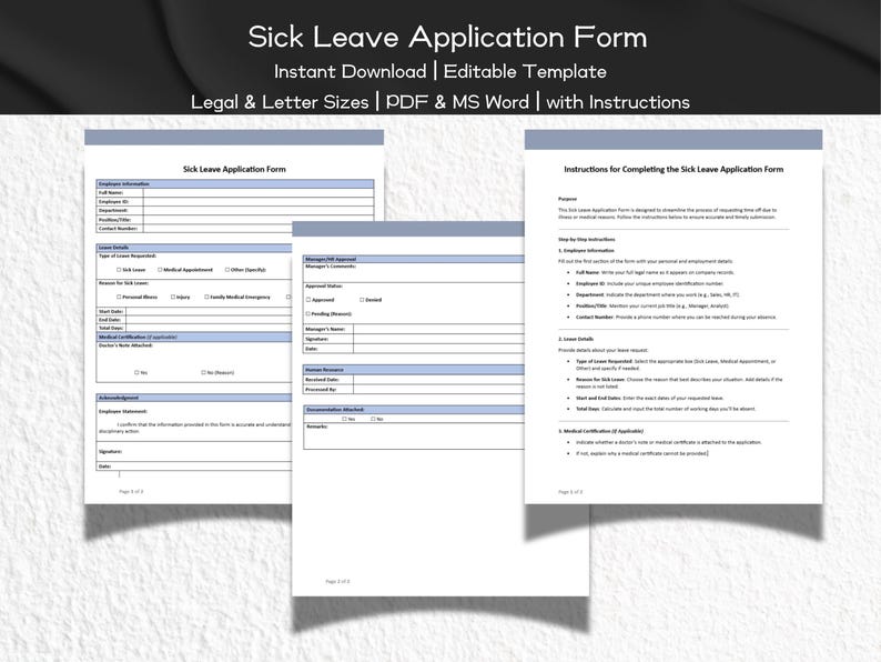 Sick Leave Application Form Editable and Printable Template | HR ...