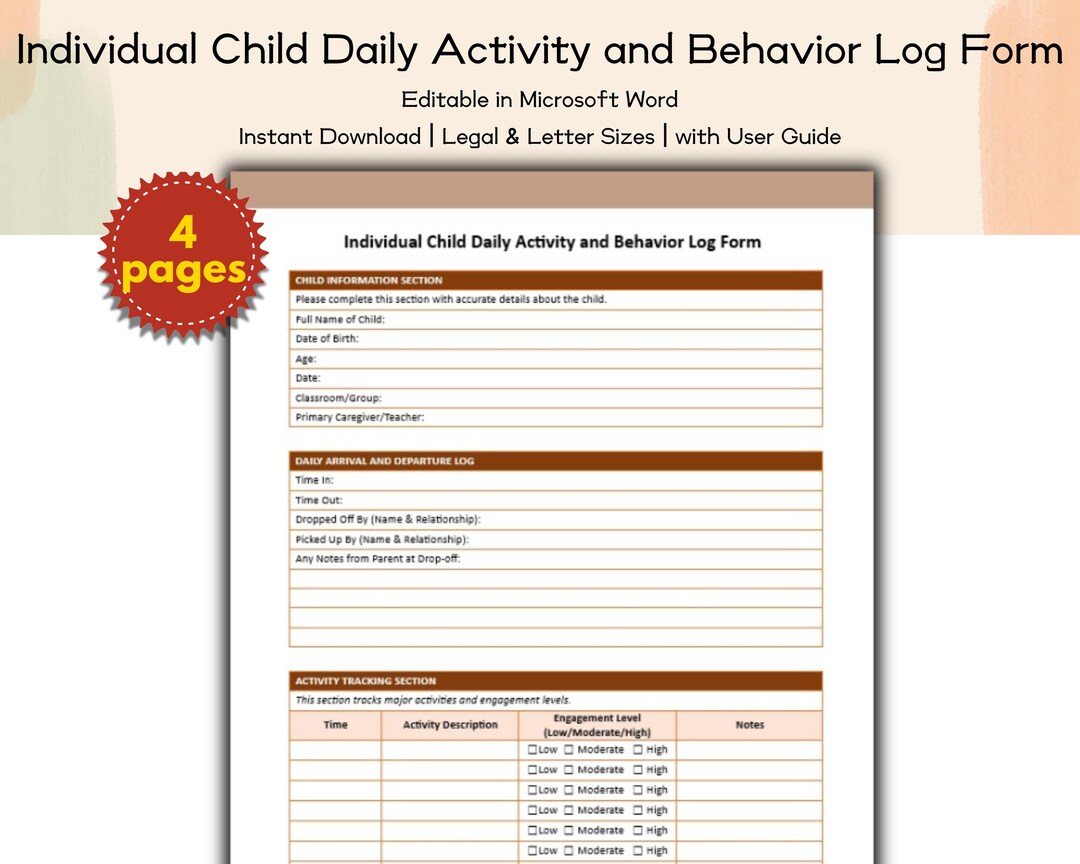Daycare Individual Child Daily Activity and Behavior Log Form Editable ...